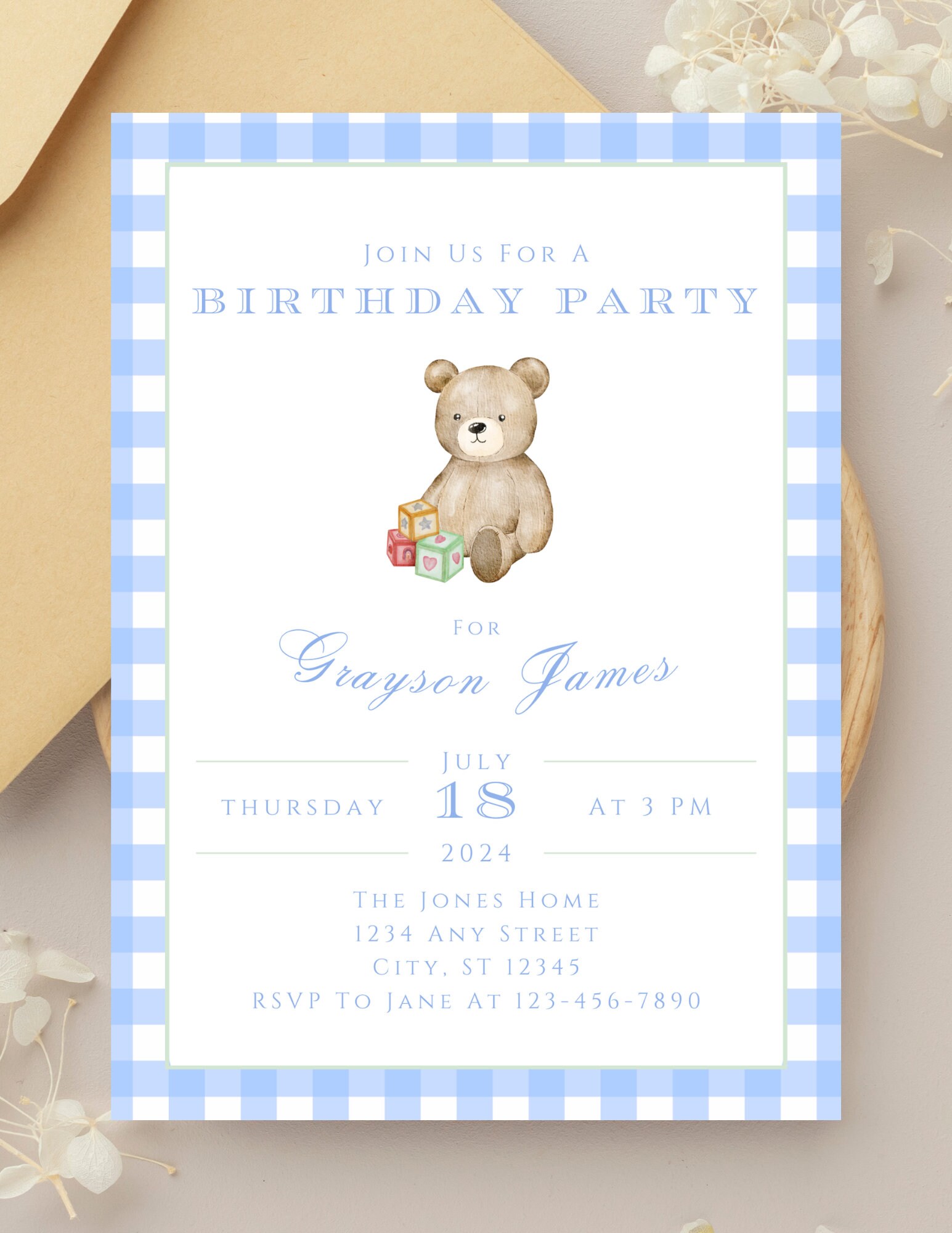 Blue Gingham Teddy Bear Birthday Invitation, Editable Teddy Bear Invite ...