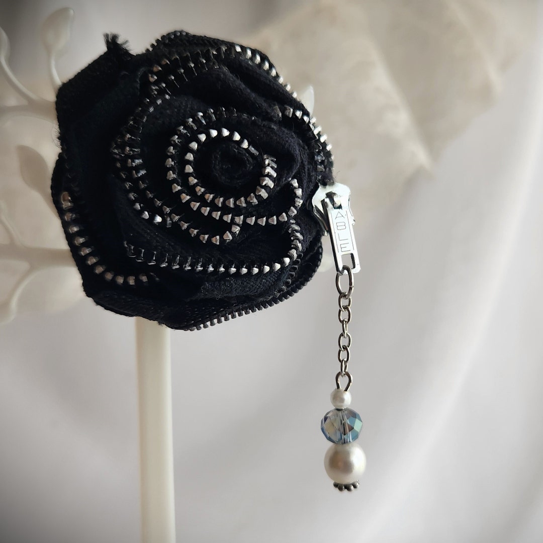Black Vintage Zipper Rose Brooch Handsewn With Authentic Vintage ...