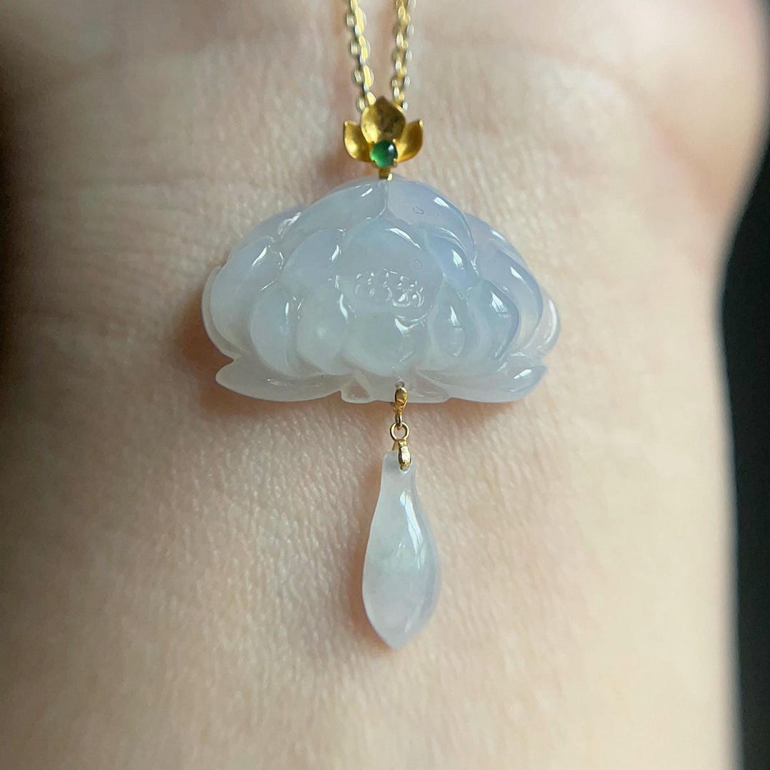 Burmese White Jade Lotus Pendant Necklace, 18k Gold 34×23×6.5mm - Etsy