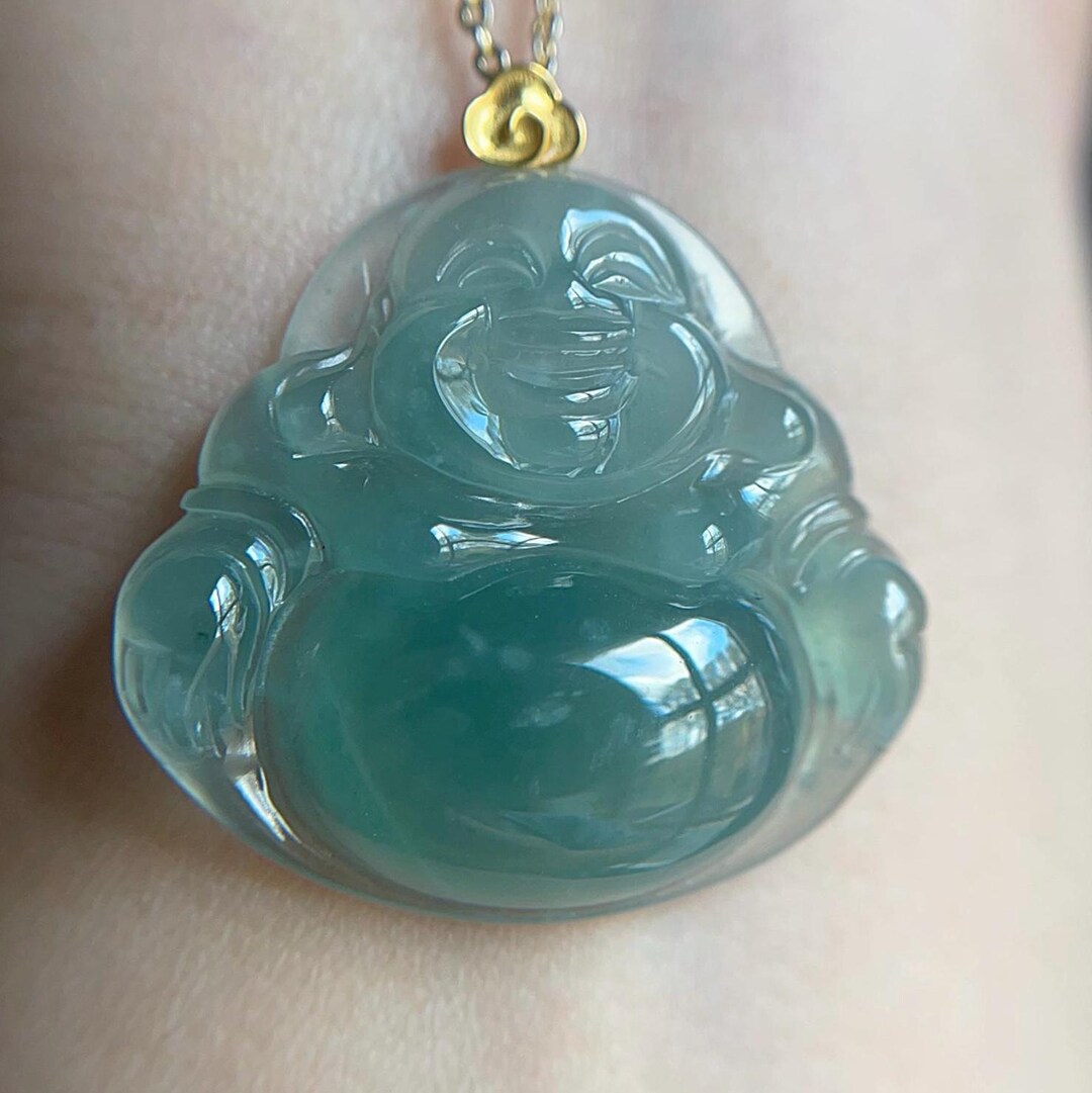 Guatemalan Blue Jadeite Buddha Pendant: 18k Gold Accent (31.7×30×5.6mm ...