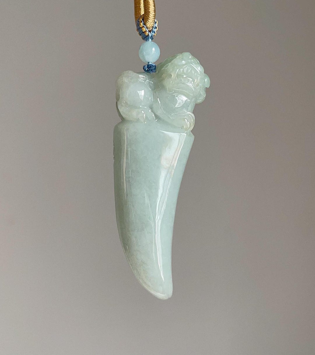 100% Natural Grade A Burmese Jadeite Blue Gum Dragon Tooth With "pixiu ...