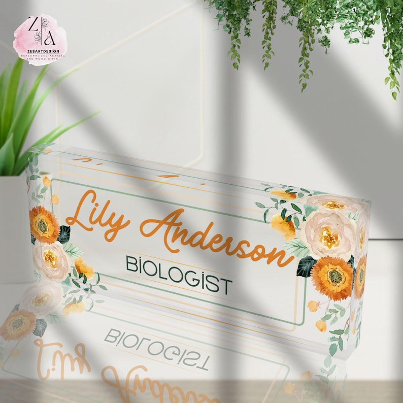 Elegant Custom Desk Sign – Personalized Acrylic Name Plate With Floral ...