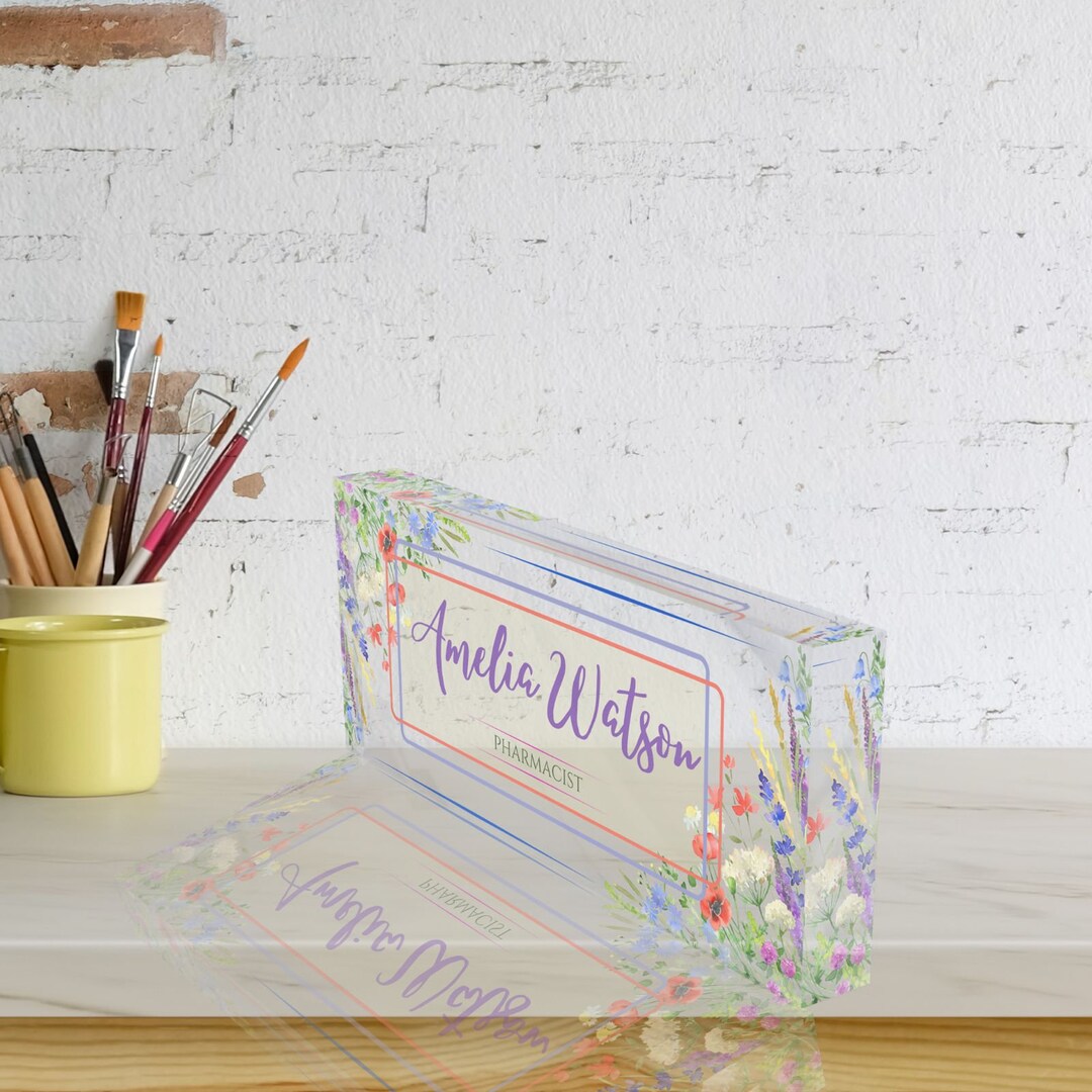 Personalized Acrylic Desk Name Plate With Wild Flowers, Customized ...