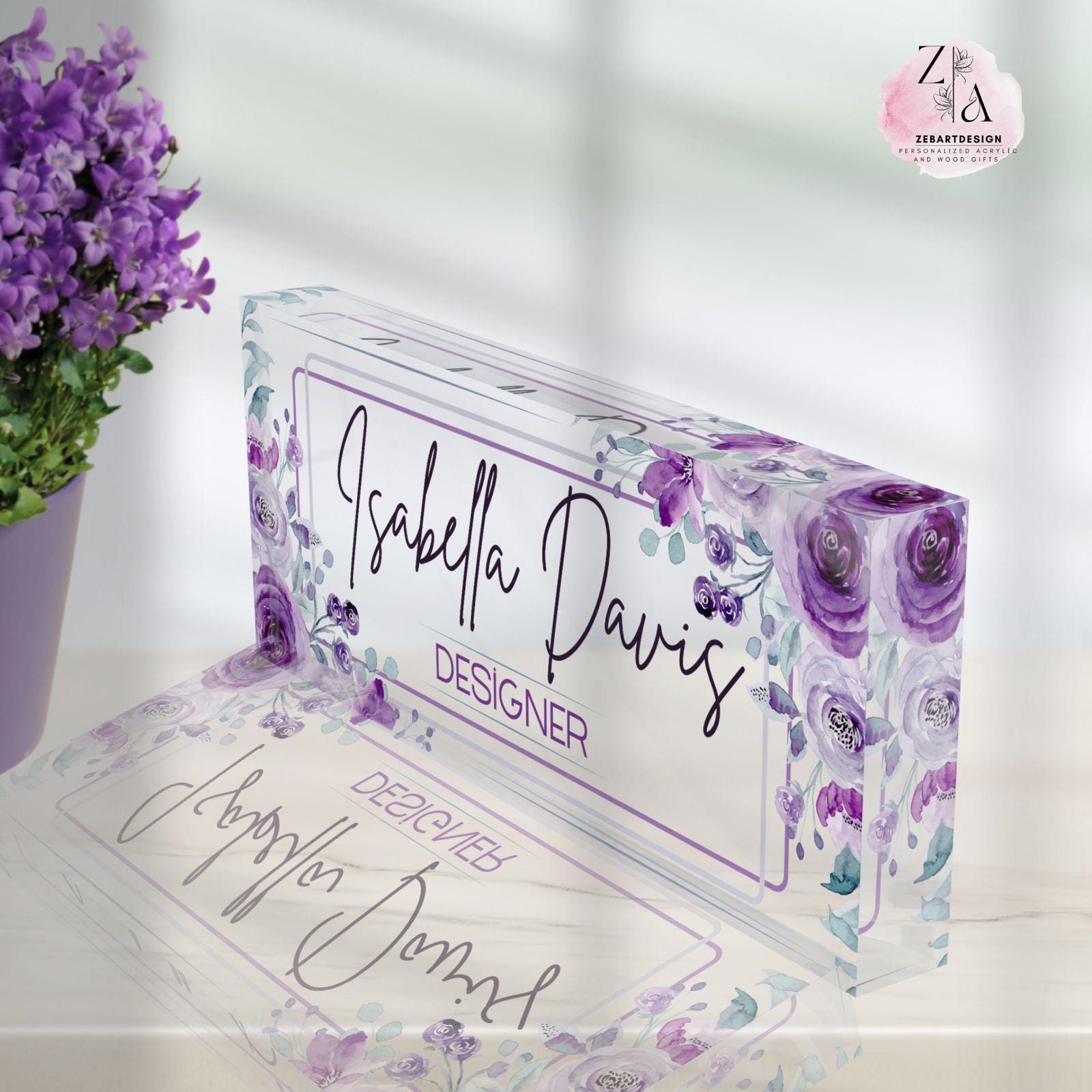 Elegant Custom Desk Sign – Personalized Acrylic Name Plate With Floral ...
