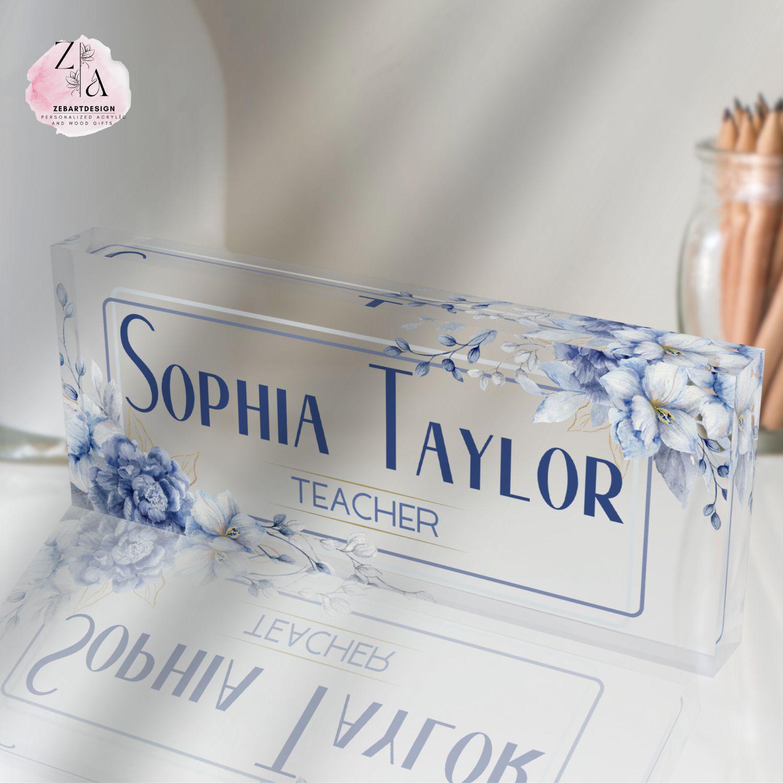 Elegant Custom Desk Sign – Personalized Acrylic Name Plate With Floral ...