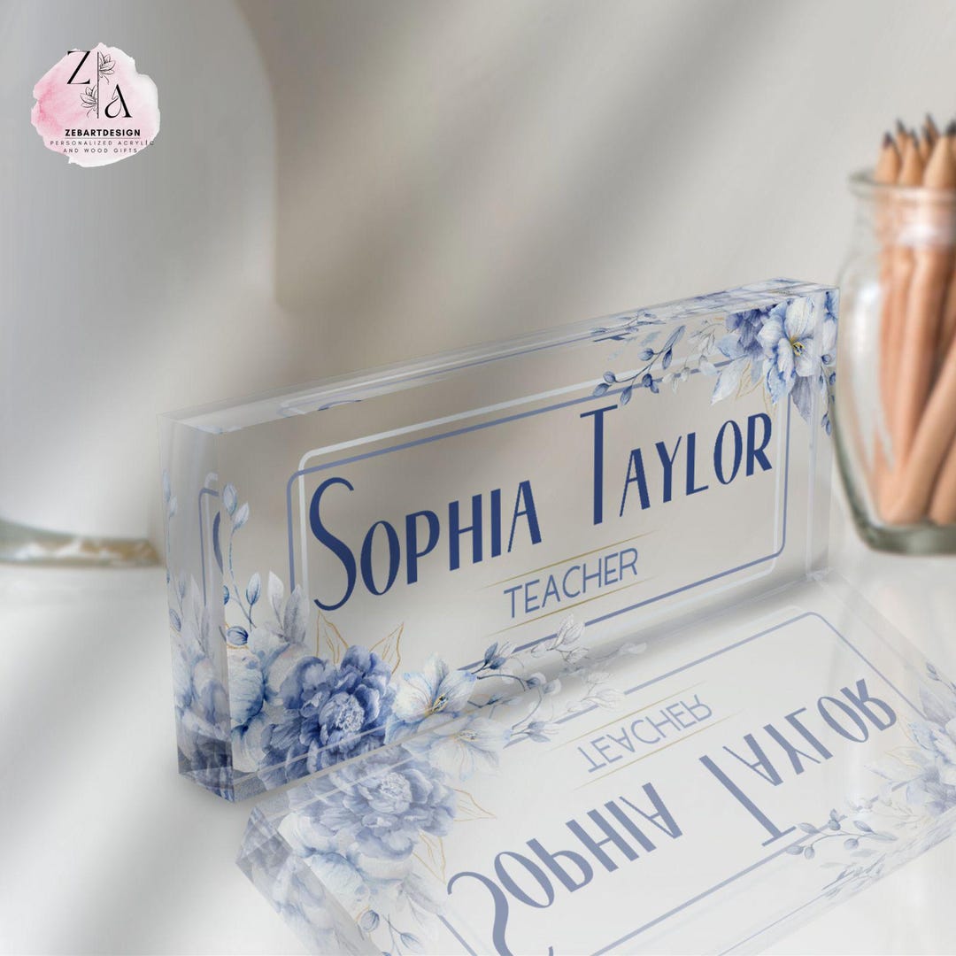 Custom Acrylic Blue Flower Name Plate for Office | Unique Business Gift ...