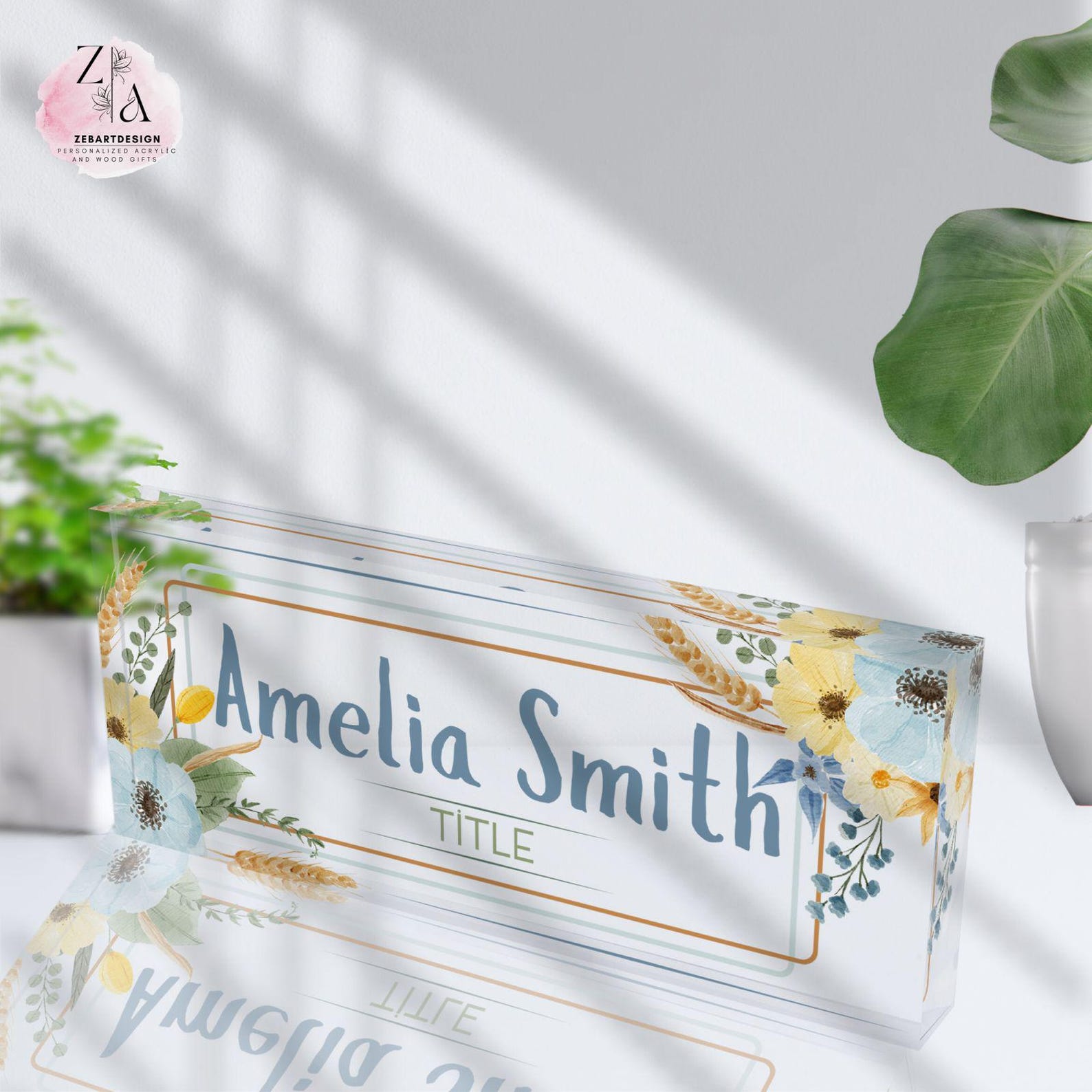 Elegant Custom Desk Sign – Personalized Acrylic Name Plate With Floral ...