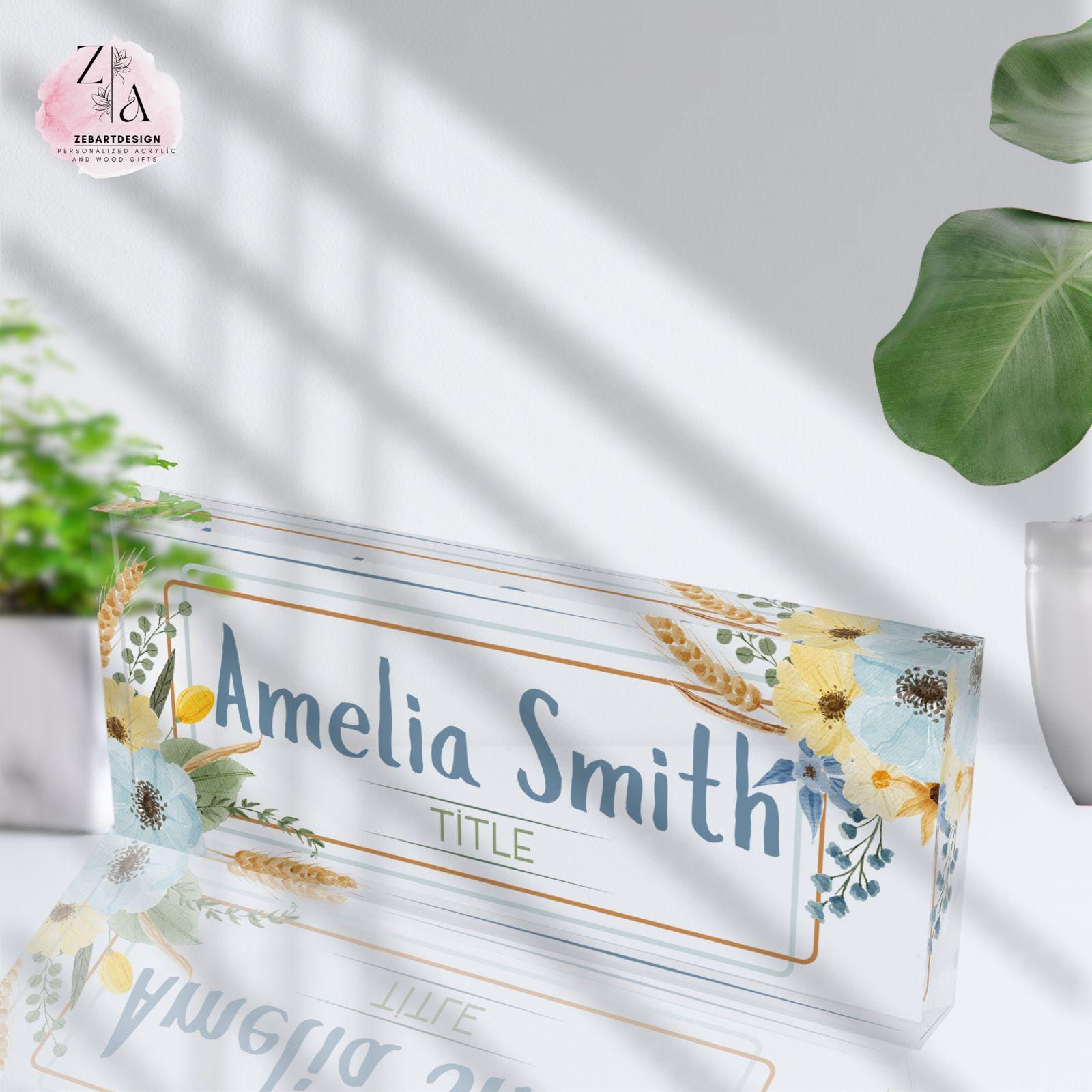 Elegant Custom Desk Sign – Personalized Acrylic Name Plate With Floral ...