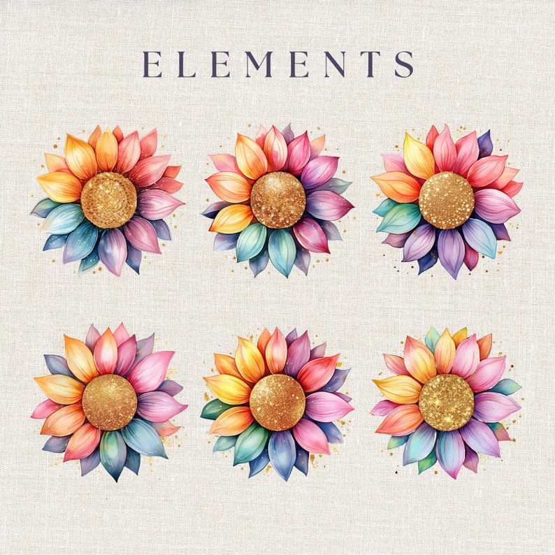 Rainbow Sunflower Glitter Clipart Rainbow Sunflowers Gold Glitter ...