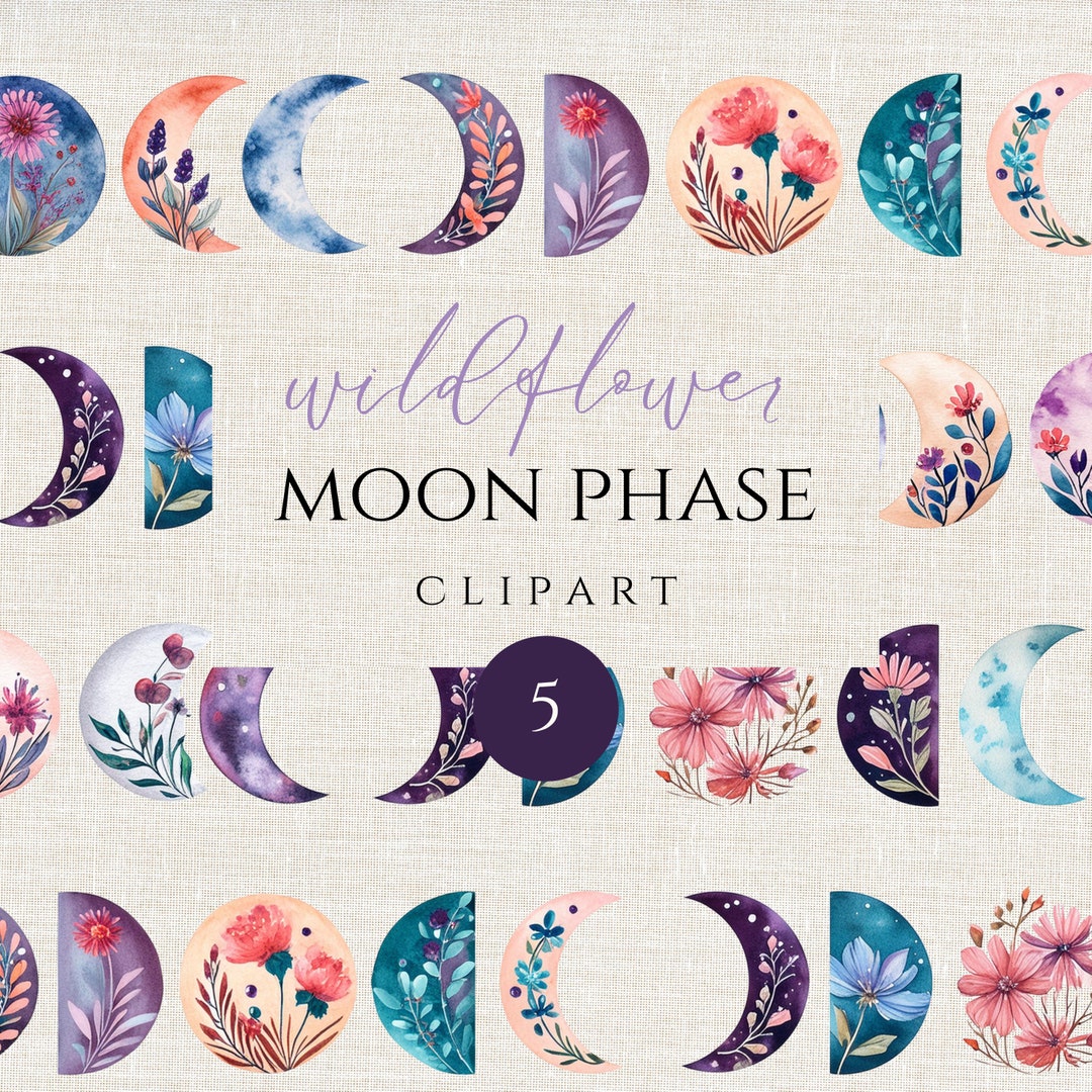 Moon Phases Clipart Watercolor Moon Clipart Floral Moon Clipart New ...