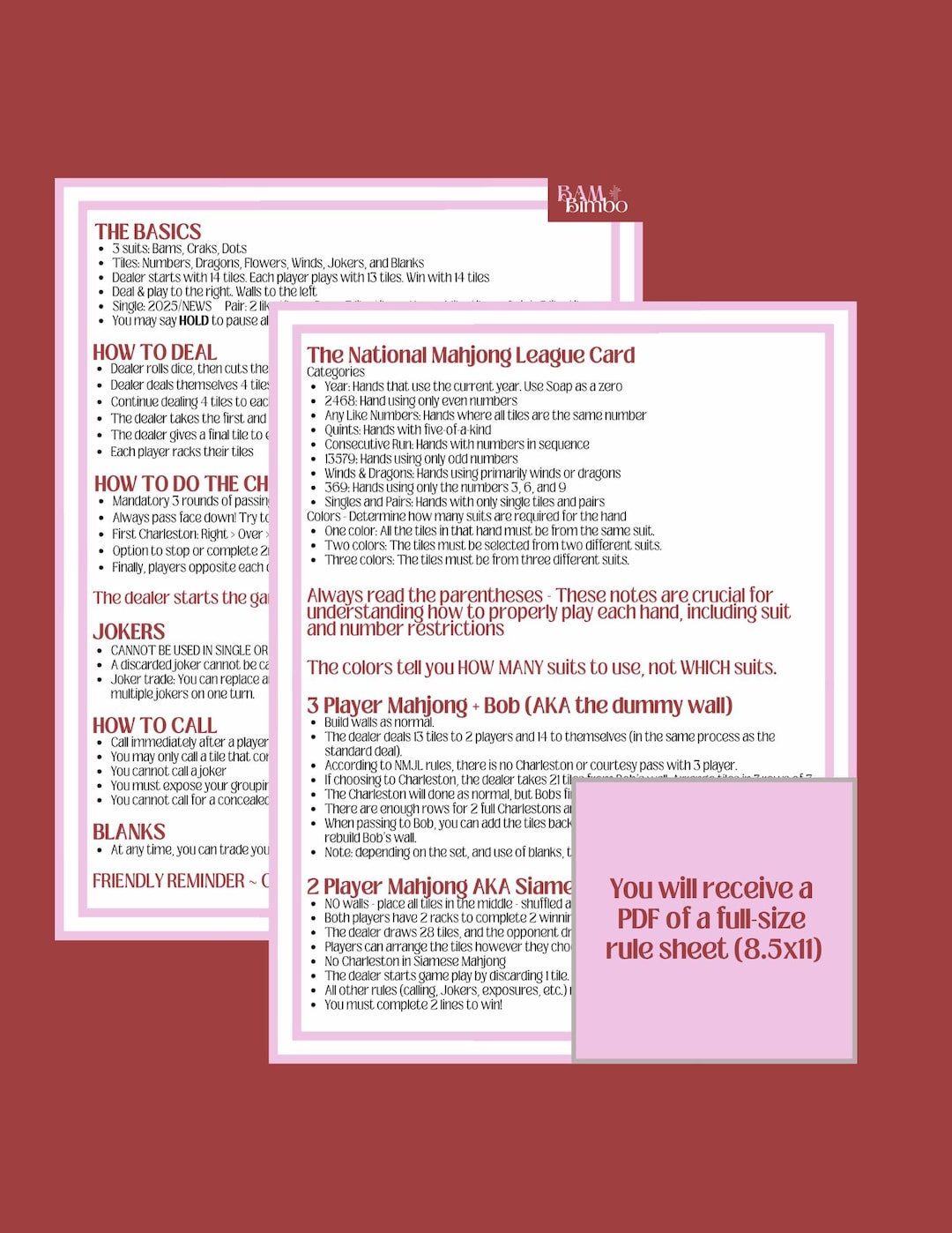 PRINTABLE Mahjong Rules Card American Mahjong Cheat Sheet 3 Player ...