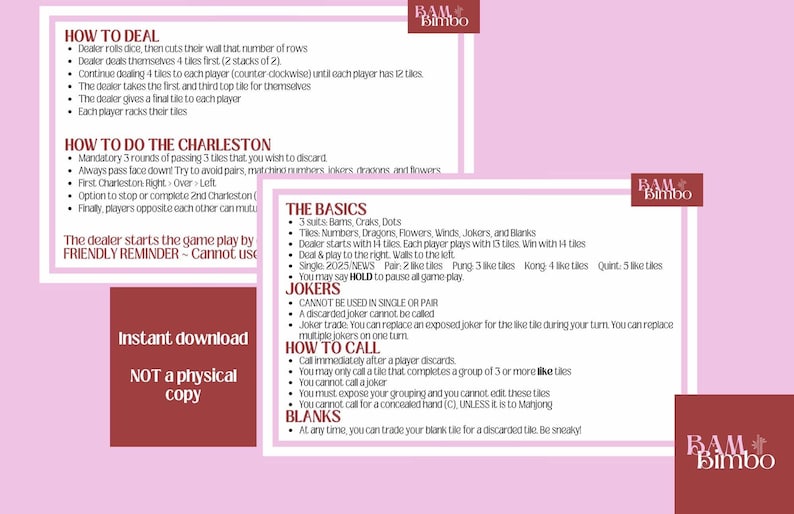 PRINTABLE Mahjong Rules Card American Mahjong Cheat Sheet Mahjong for ...