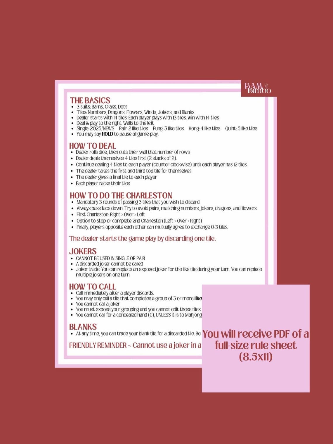 PRINTABLE Mahjong Rules Card American Mahjong Cheat Sheet Mahjong for ...