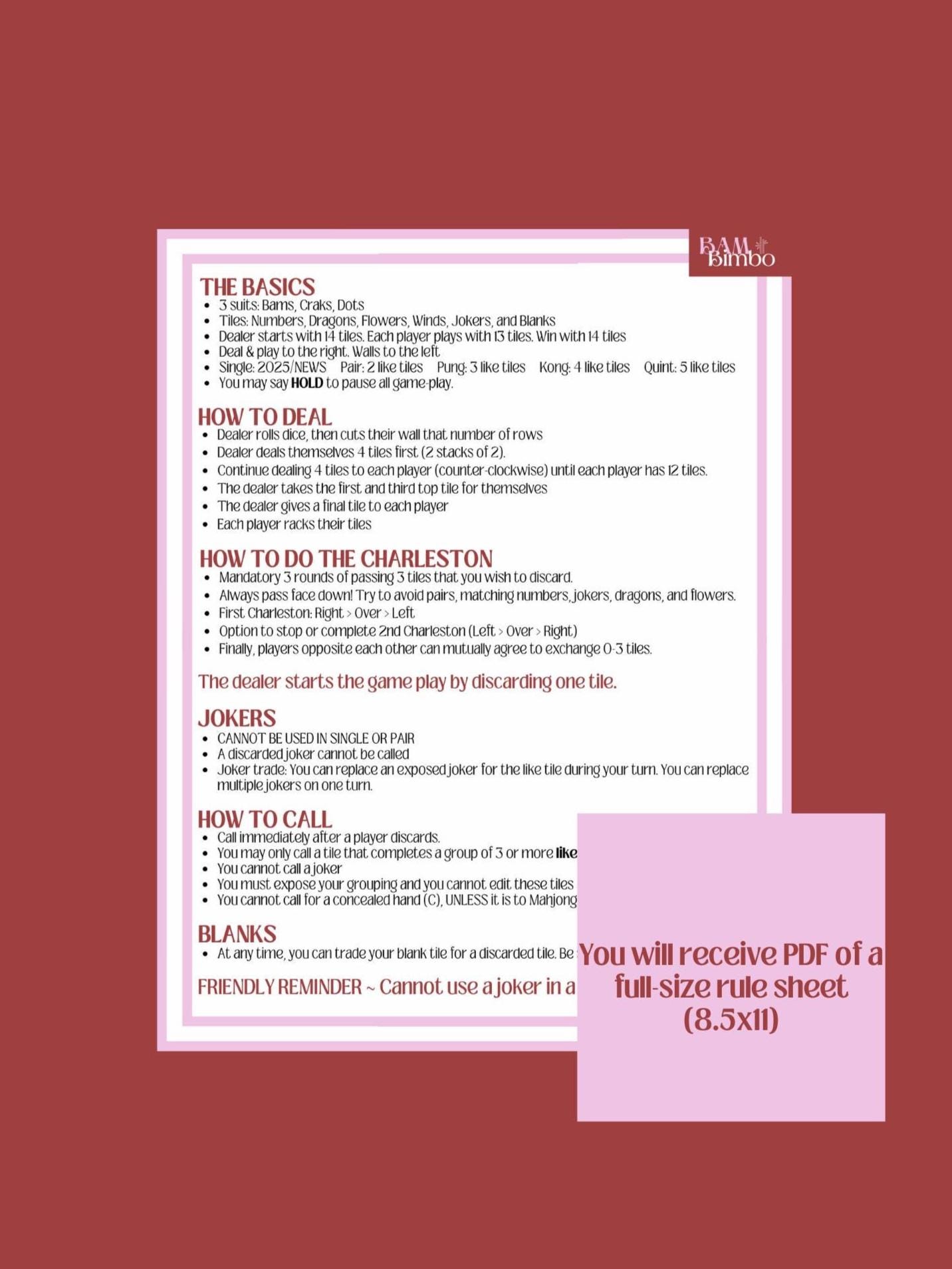 PRINTABLE Mahjong Rules Card American Mahjong Cheat Sheet Mahjong for ...