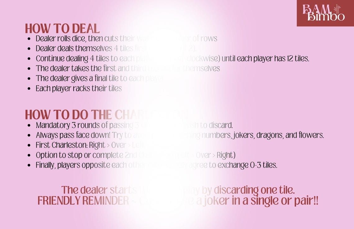 PRINTABLE Mahjong How to Deal Mahjong How to Charleston Mahjong Cheat ...