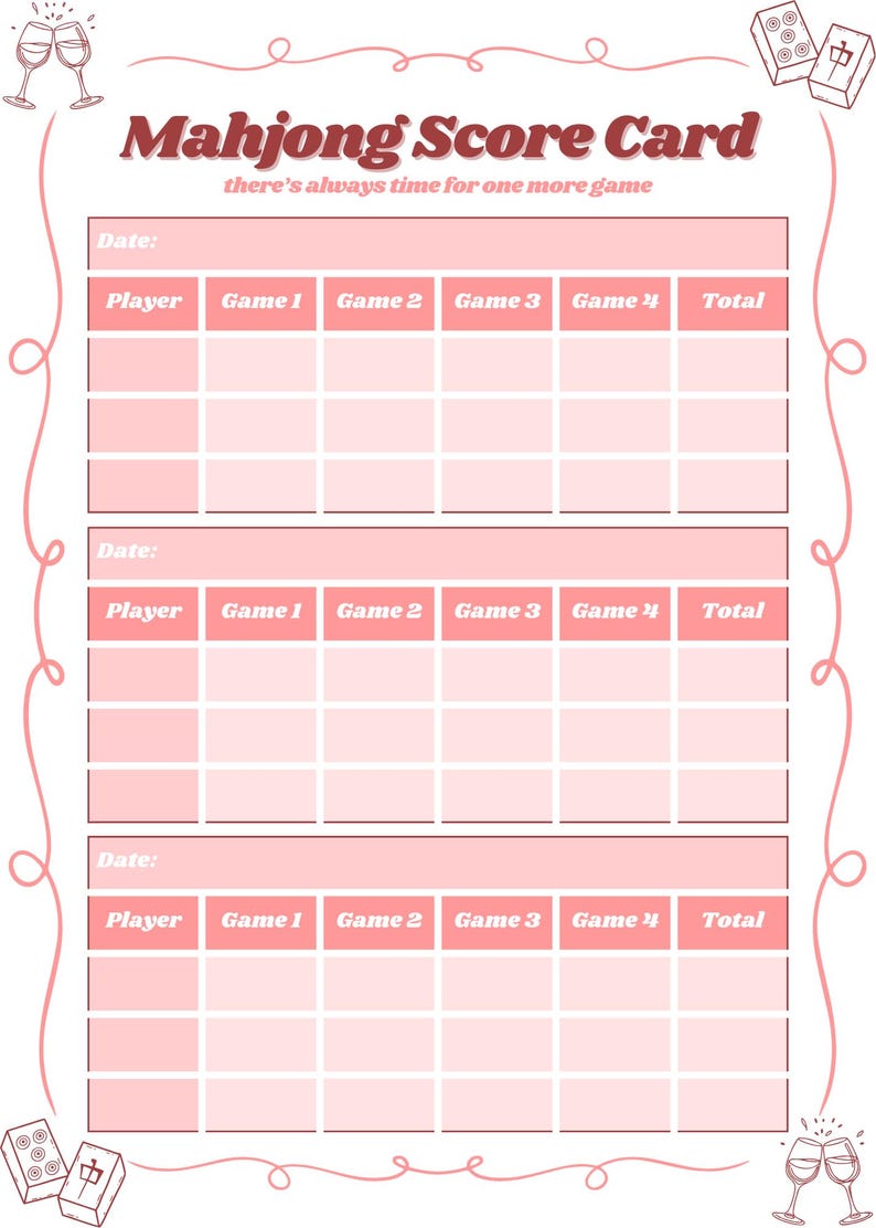 Mahjong Score Card, Mahjong Score Keeper, Mahjong Accessory, Printable ...