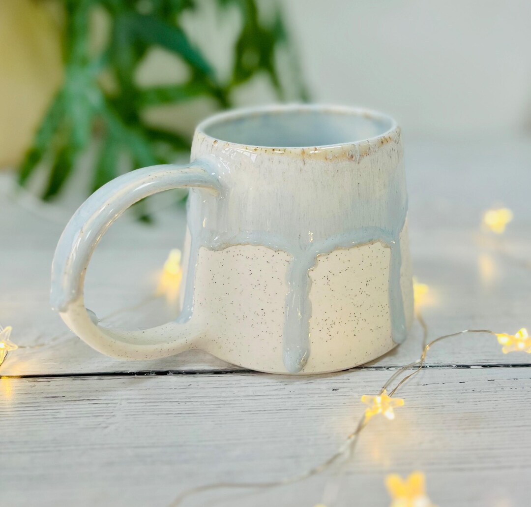 Pottery Mug Made With Speckled Porcelain Clay and Blue Drippy Glaze ...