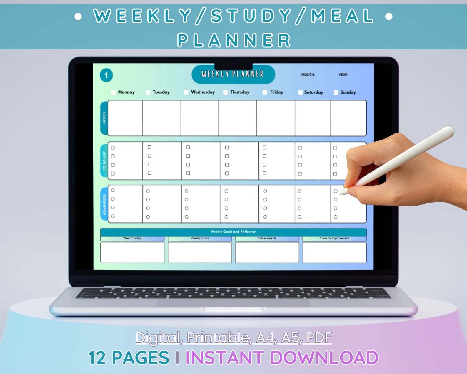 Weekly Planner, Weekly Meal and Study Planner, Digital Printable ...