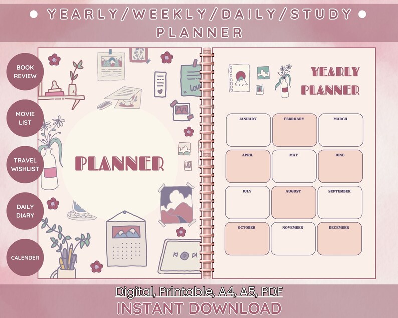 Printable Planner Bundle, Daily Weekly Monthly Yearly, Minimal Undated ...