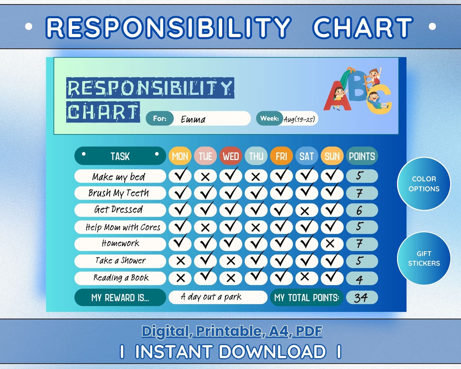 Editable Responsibility Chart, Kids Weekly Responsibility Chart, Kids ...