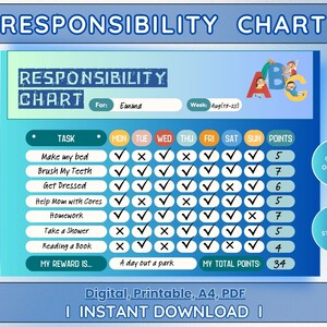 Editable Responsibility Chart, Kids Weekly Responsibility Chart, Kids ...