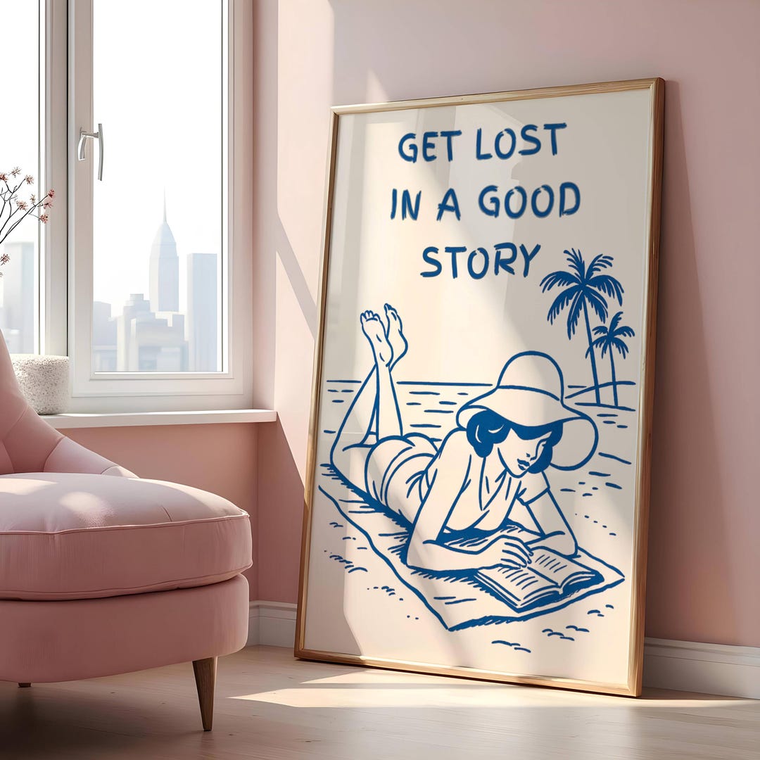 Beach Reading Wall Art Printable Coastal Book Lover Decor Vintage Ocean ...