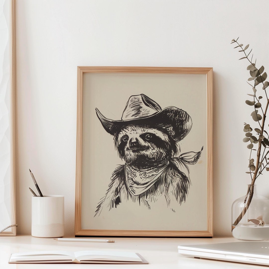 Cowboy Sloth Wall Art Cowboy Sloth Poster Vintage Cowboy Sloth Art ...