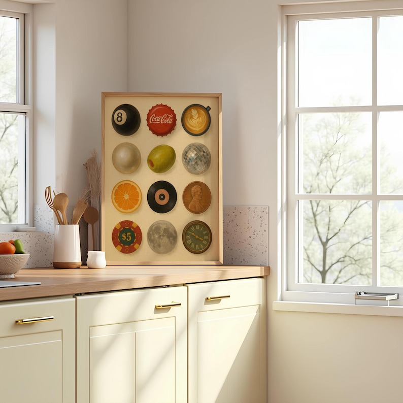 Retro Round Objects Print: Vintage Pop Culture Art, Eclectic Bar Decor ...