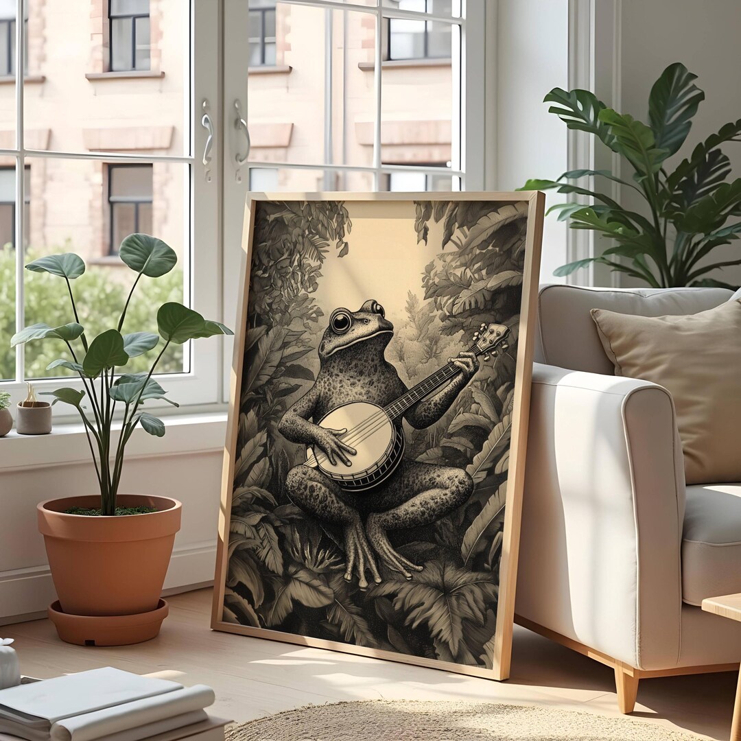 Frog With Banjo Wall Art Print - Vintage Jungle Illustration, Whimsical ...