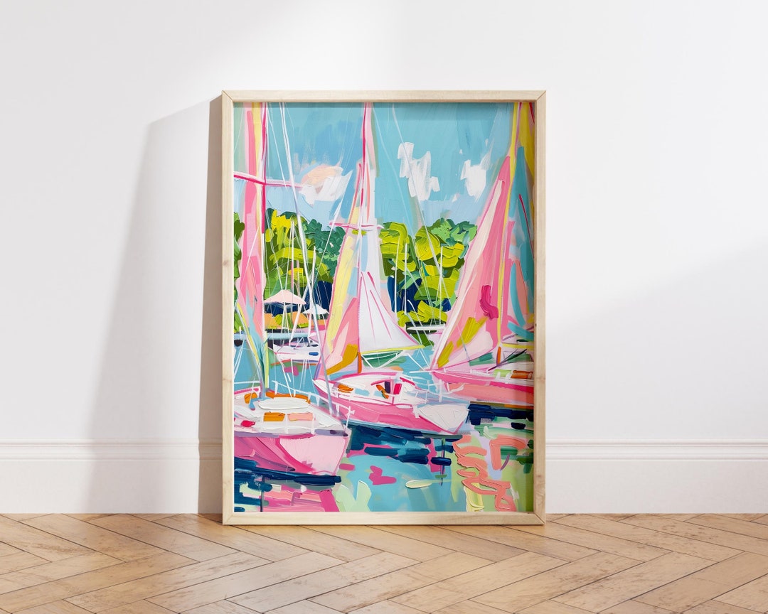 Sailboats in Harbour Marina Poster, Coastal Lake House Wall Decor ...