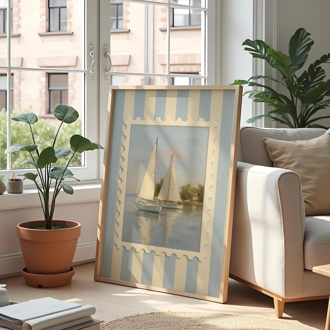 Vintage Nautical Poster – Sailboat Painting With Blue Striped Frame - Etsy