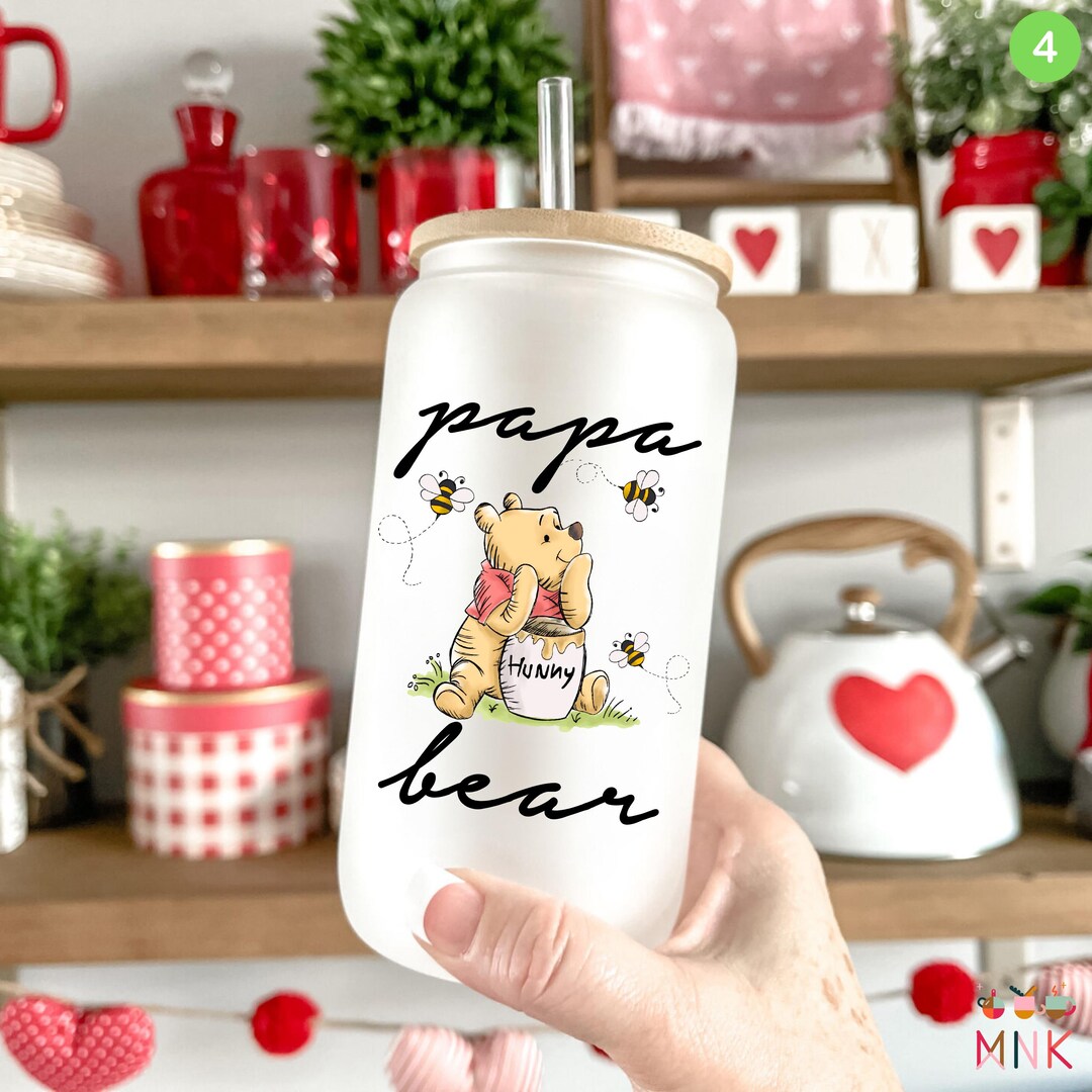 Papa Bear Tumbler Gift, Custom Pooh Glass Cup With Lid & Straw, 16oz ...