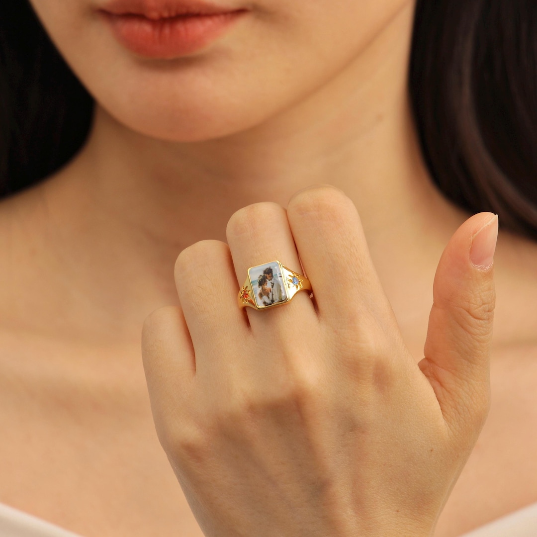 Personalized Picture and Birthstone Ring - Custom Photo Ring - Memorial ...