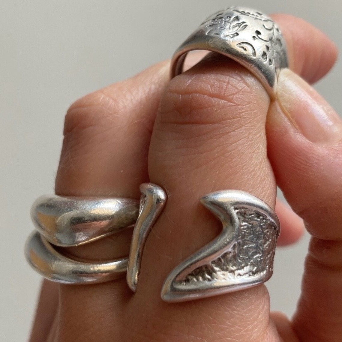 Antique Silver Soft Curve Rings, Organic Shape Adjustable Layer Rings ...