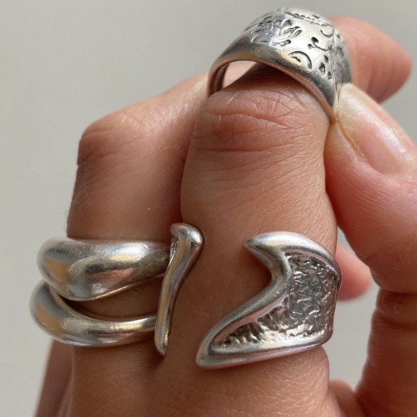 Antique Silver Soft Curve Rings, Organic Shape Adjustable Layer Rings ...