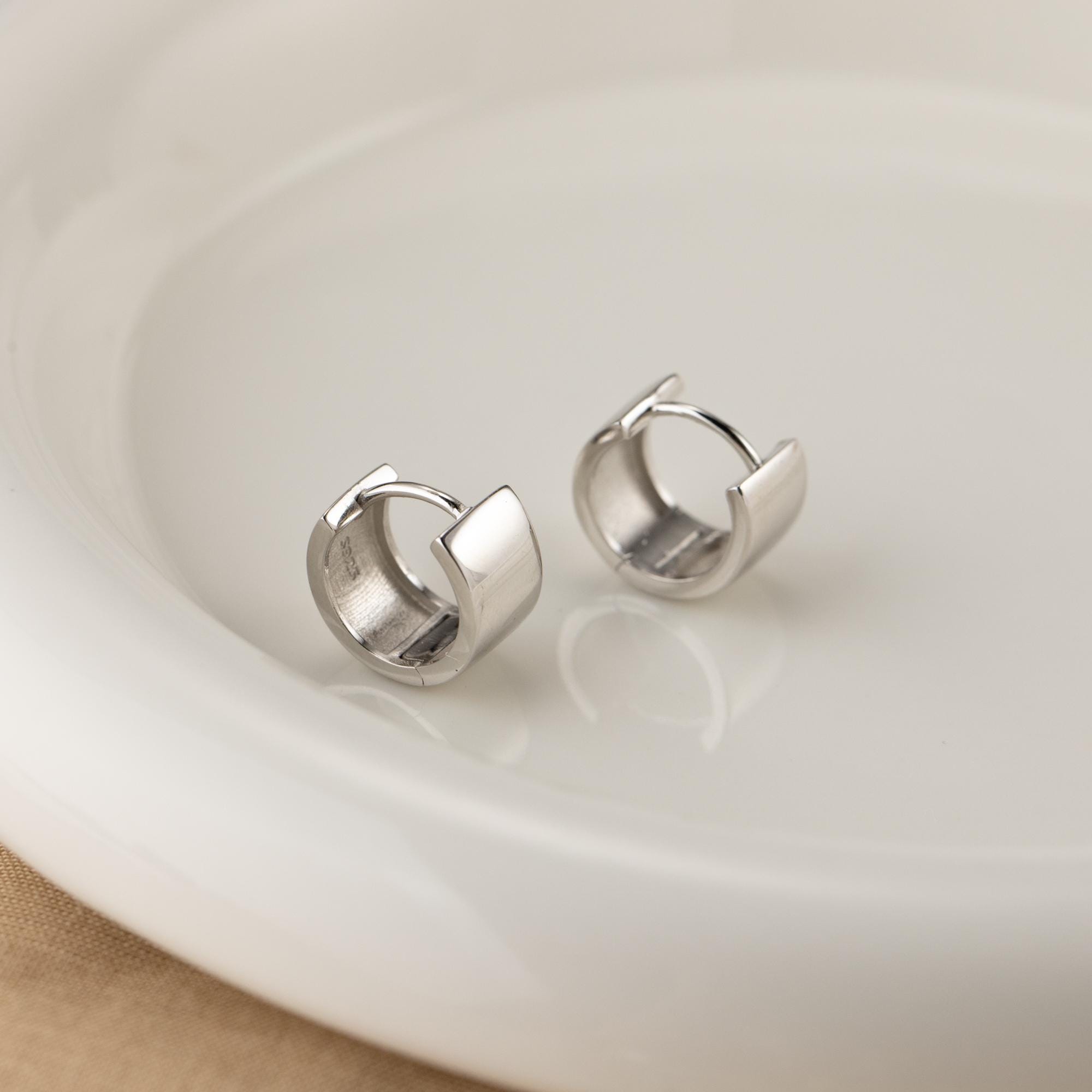 14K Gold Thick Chunky Huggie Hoop Earrings, Sterling Silver Stacking ...