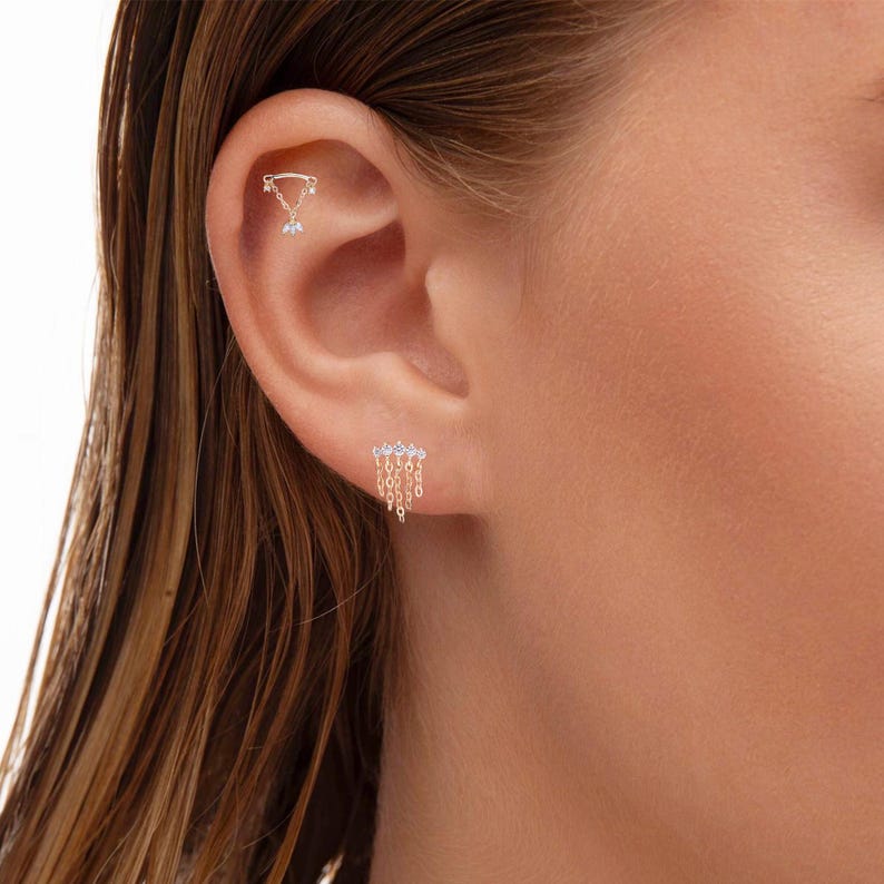 14k Gold Moissanite Leaf Stud Earring: S925 Dangle Chain Marquise Screw ...