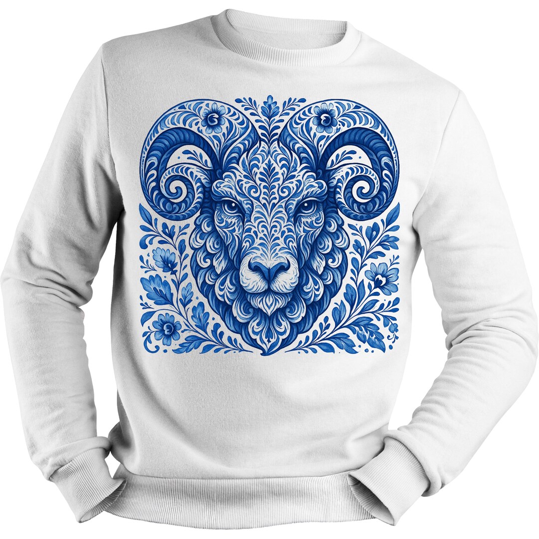 Gzhel Ram Digital Art Print | Blue Porcelain Folk Animal Design PNG ...