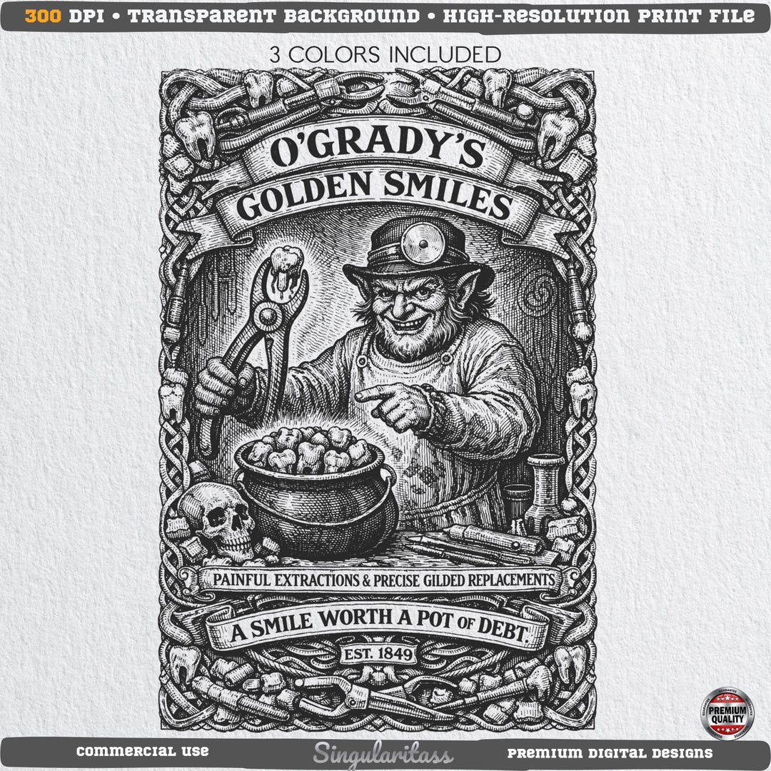 St Patricks Day Leprechaun Dentist Gothic Woodcut Shirt Design Dental ...