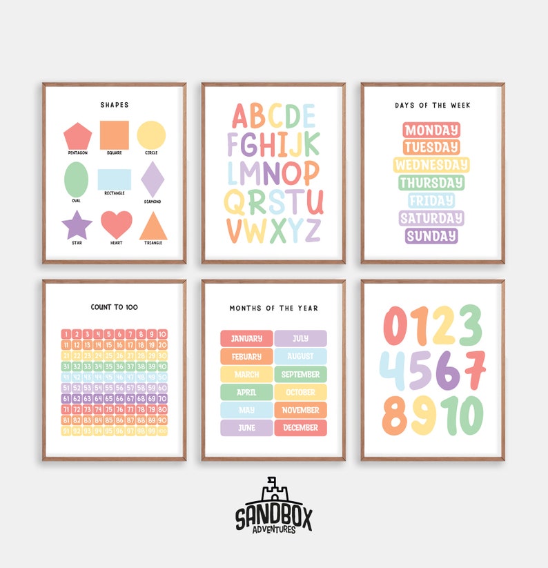 Pack of 6 Educational Posters - Shapes, Alphabet, 1 to 10, Days of the ...