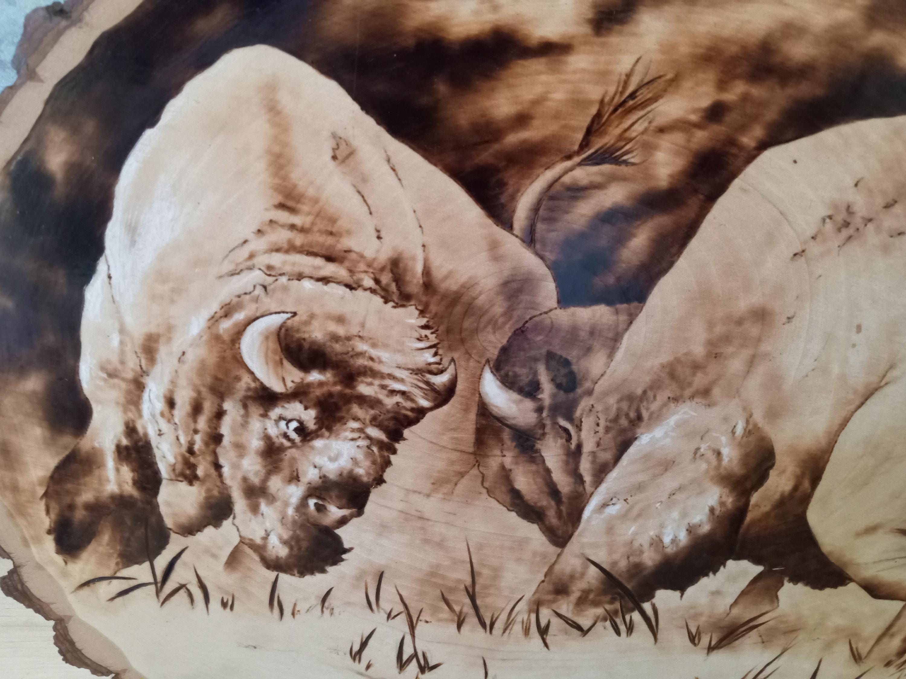 Battling Buffalo Wood Burning, Original Art by Christopher W O'leary - Etsy