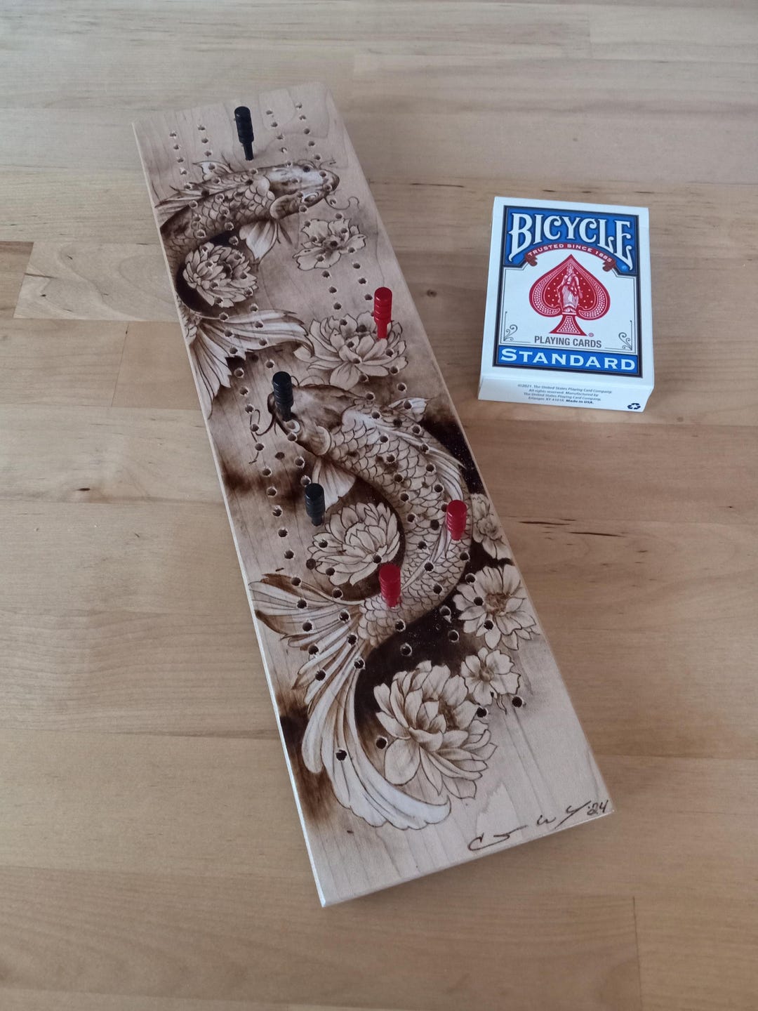 Koi Fish Tattoo Art Wood Burned Cribbage Board - Etsy