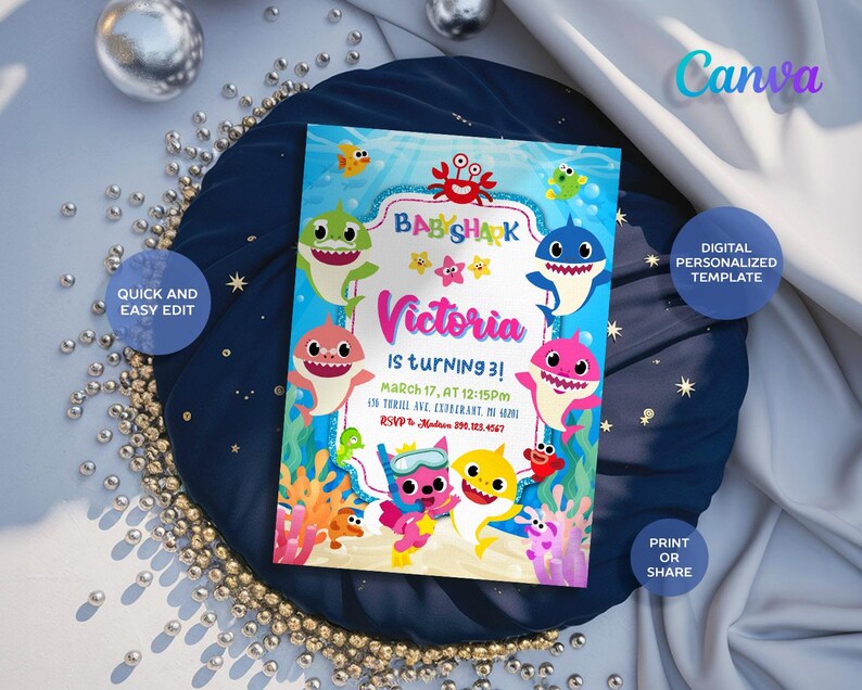 Editable Printable Baby Shark Birthday Invitation, Boy Girl Birthday ...