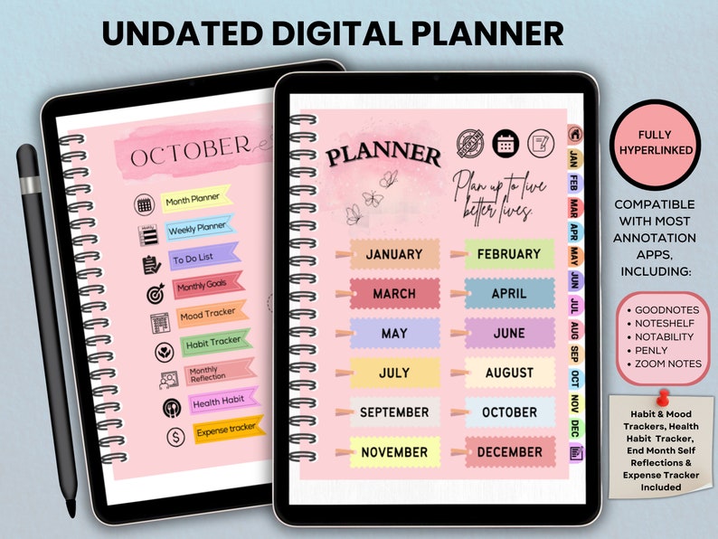 Undated Planner, Monthly Digital Planner, Digital Planner PDF, iPad ...