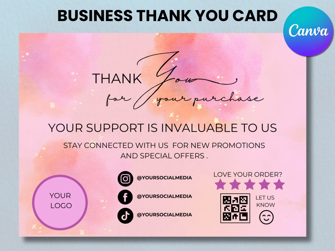 Thank You Card, Printable Card, Thank You for Purchase Card, Business ...
