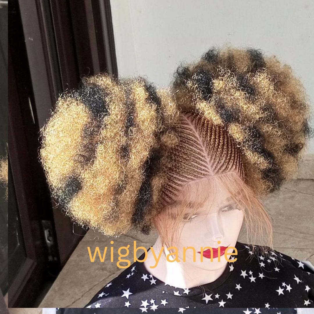 Ready to Ship Lace Front Afro Puff Cornrow Braided Wig for Black Women ...