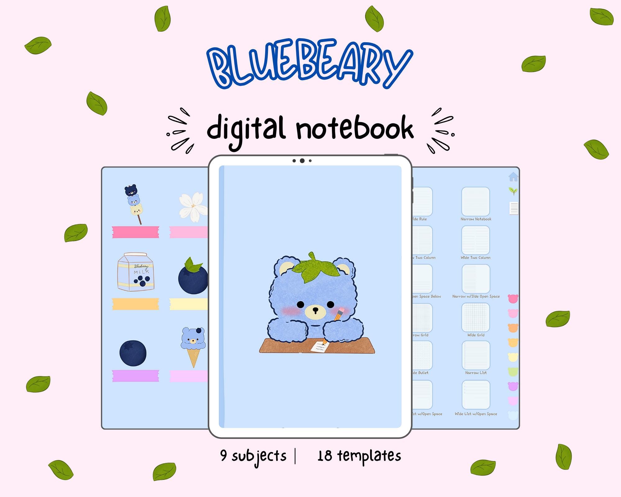 Cute Pastel Blue Digital Notebook With Tabs | Blueberry Bear ...