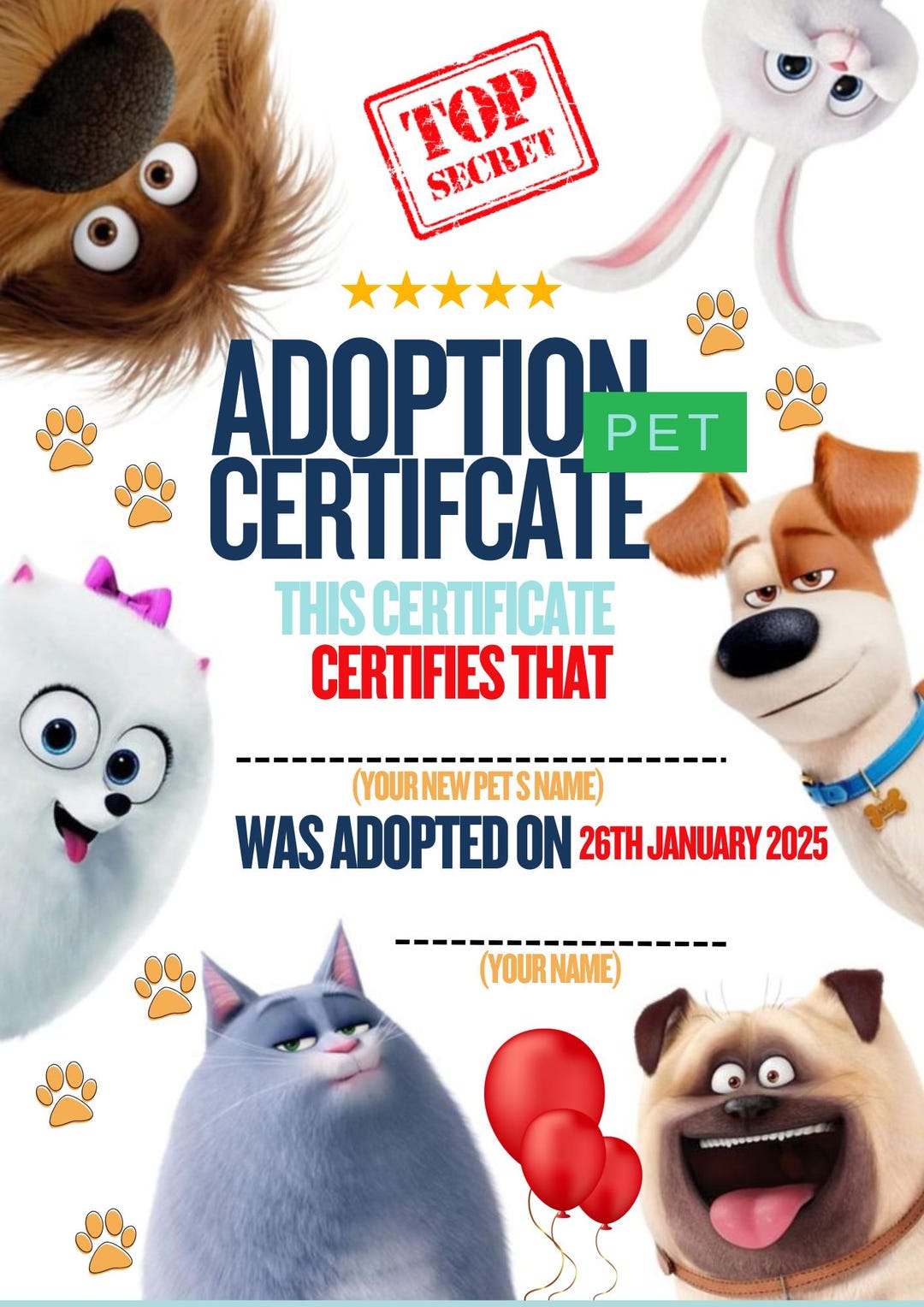 Secret Life of Pets Adoption Certificate Editable Digital Download A4 ...