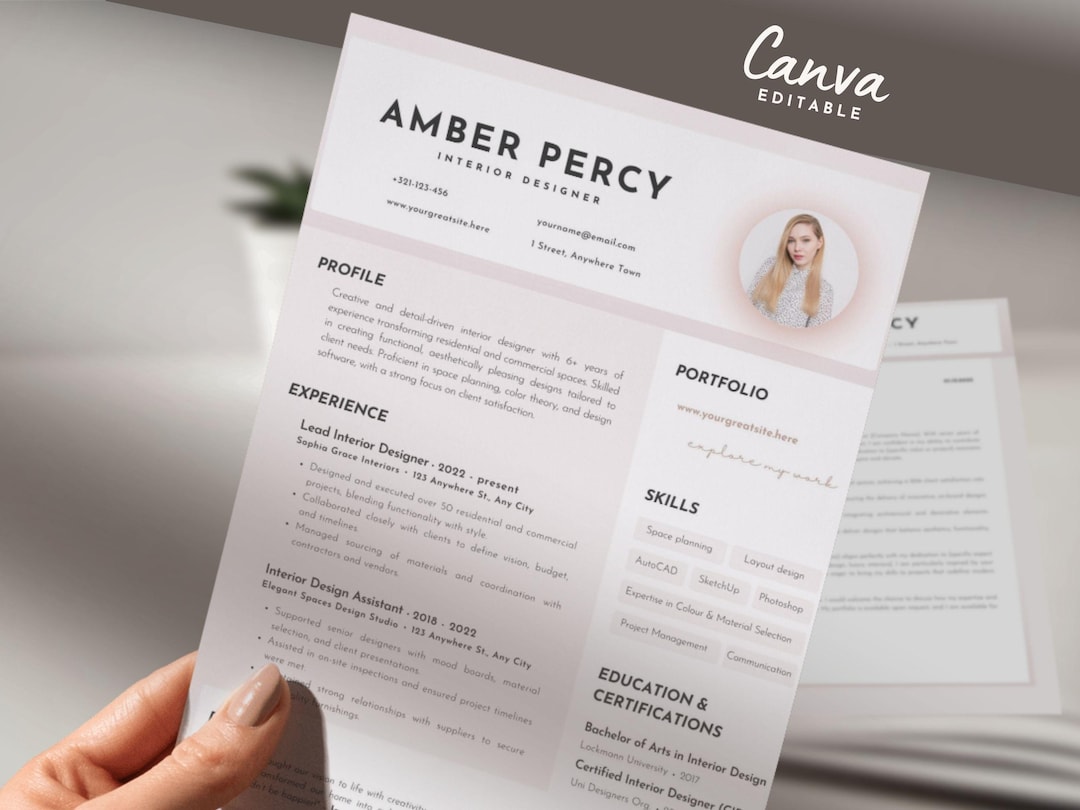 Elegant CV Design • Canva Editable Resume for Women • Soft Blush Pink ...