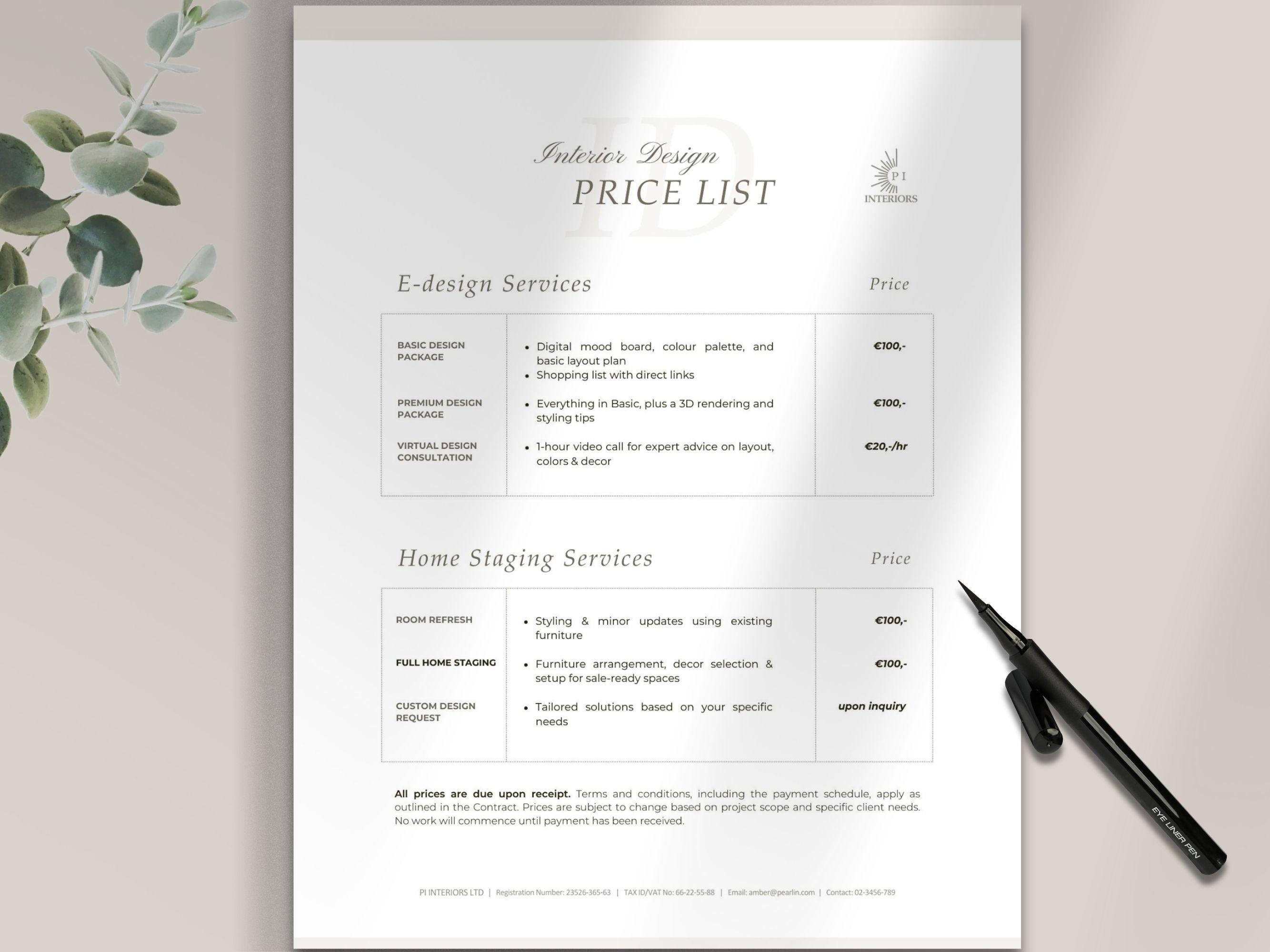 Interior Design Price List Template: Editable E-design Services (canva ...